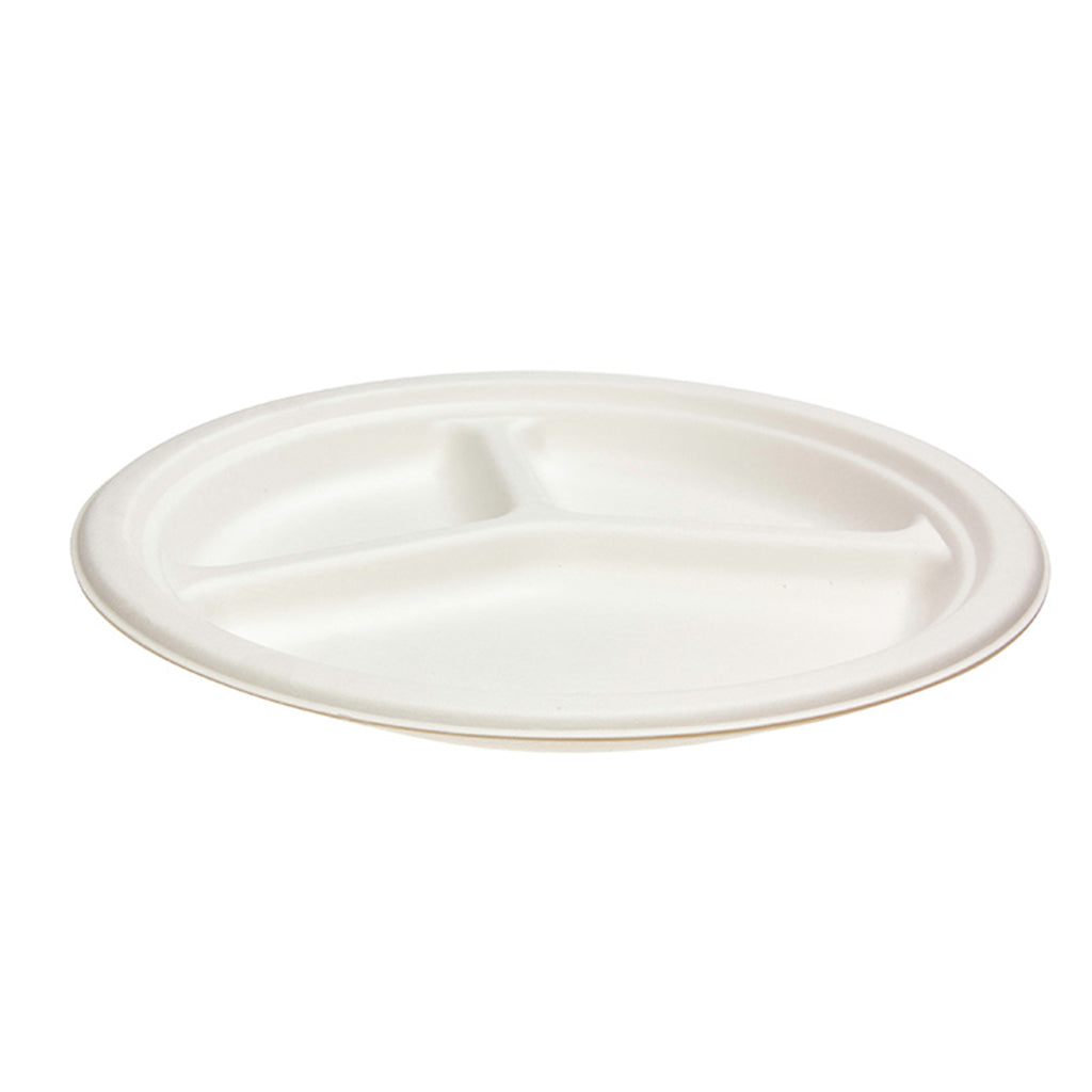 Sugarcane Triple Compartment Plates - White, 230mm / 9" (500) | LMD B2B