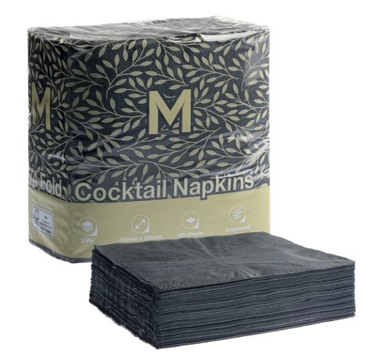 Cocktail Napkins 1/4 Fold - Black, 240mm x 240mm, 2 Ply, FSC Mix® (2000 ...